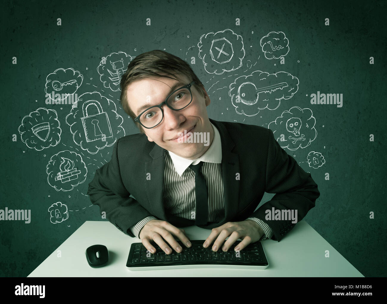 Young nerd hacker with virus and hacking thoughts on green background ...