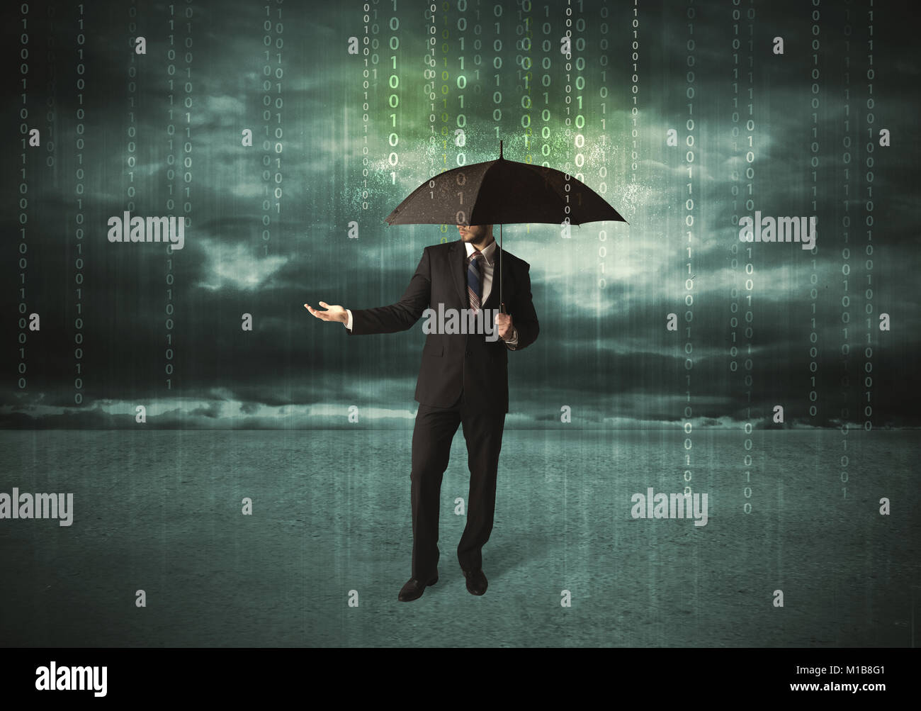 Business man standing with umbrella data protection concept on ...