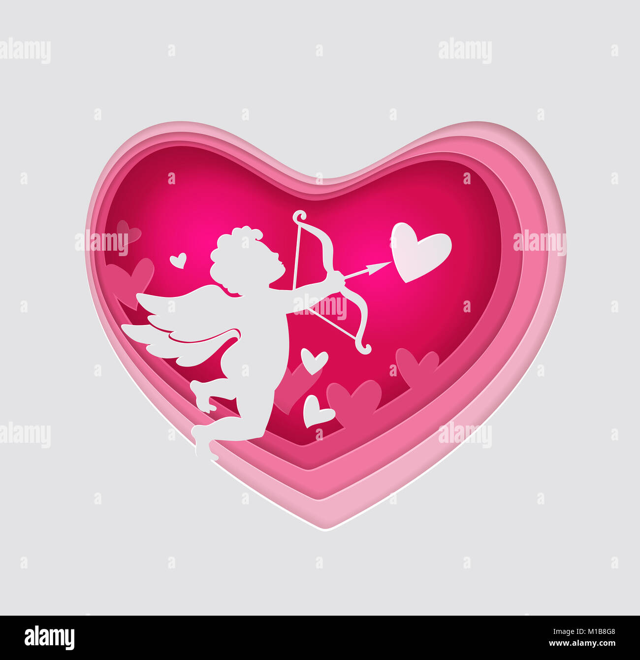 Cut out of paper pink heart with cupid. Romantic Valentine background ...