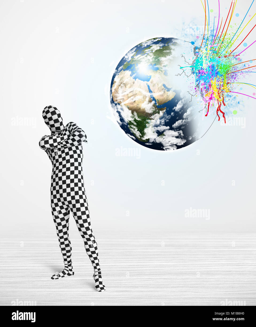 Funny man in body suit looking at colorful splatter 3d earth, Elements ...