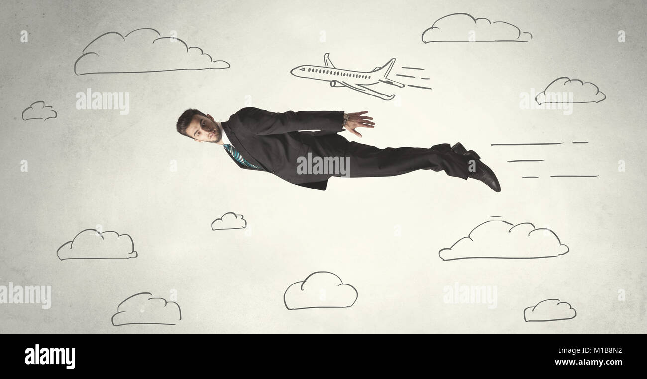 Cheerful business person flying between hand drawn sky clouds concept ...