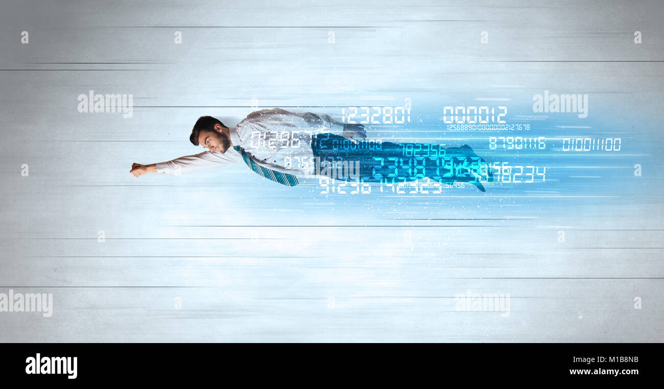 Businessman flying super fast with data numbers left behind concept ...