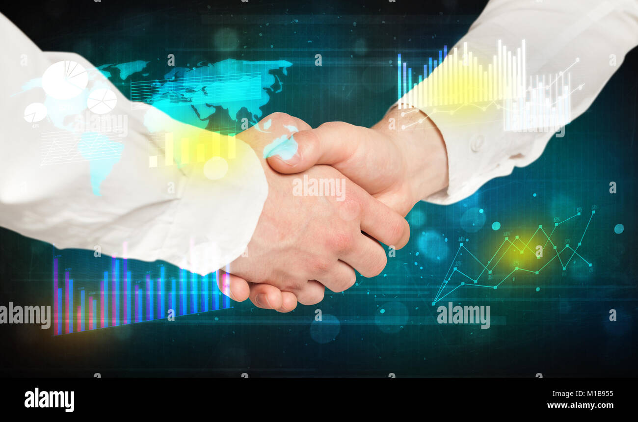 Handshake with charts and diagrams background Stock Photo - Alamy