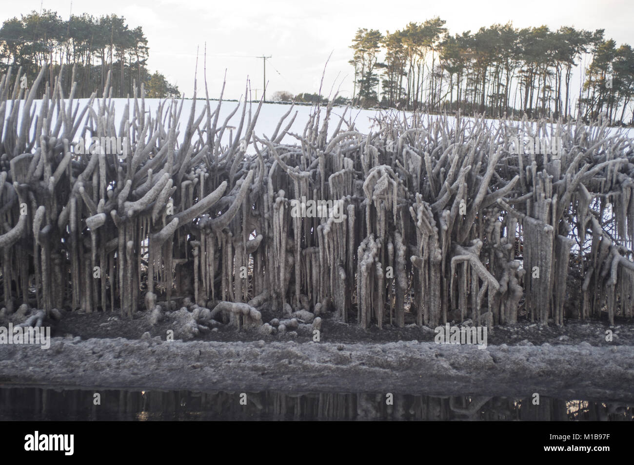 Cars driving through a puddle and sub zero temperatures create a ...