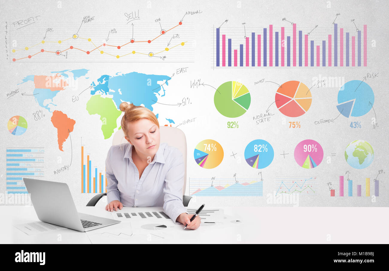 Business woman with colorful charts graphs Stock Photo - Alamy