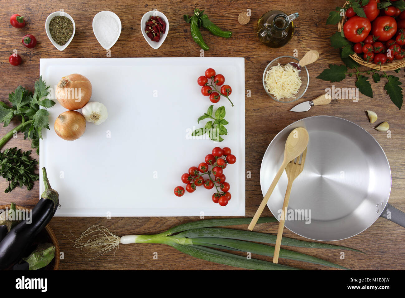 food top view, kitchen wooden topwork with white cutting board ...