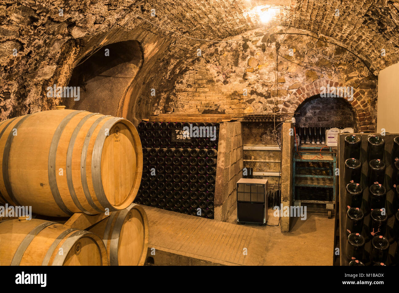 Hautvillers, France - August 11, 2017: Champagne caves and barrels with ...