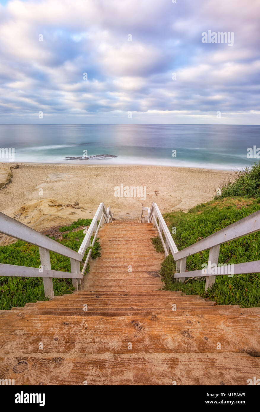 View of the ocean and coastline from stairs above Windansea Beach. La ...