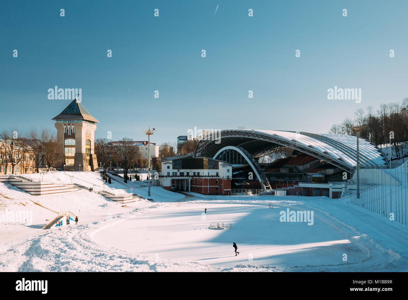 Vitebsk, Belarus. Restored Medieval Tower Duhovskoi Kruglik, Ice Rink ...