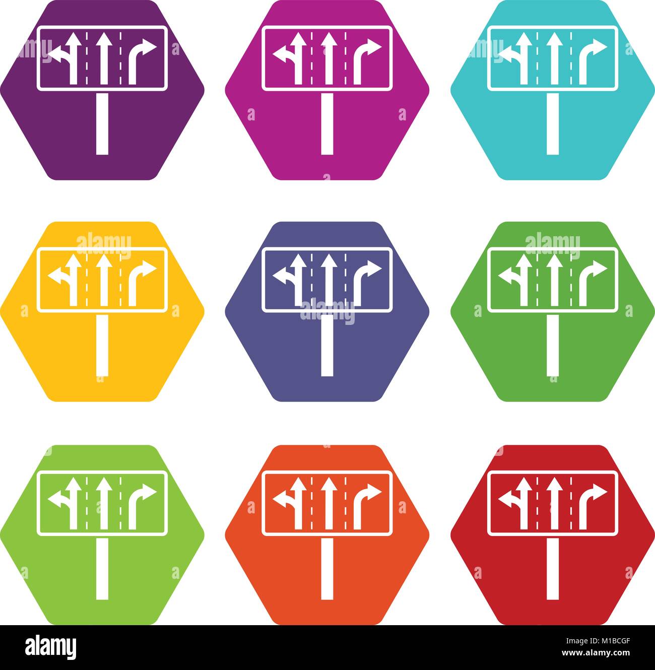 Traffic lanes at crossroads junction icon set color hexahedron Stock ...