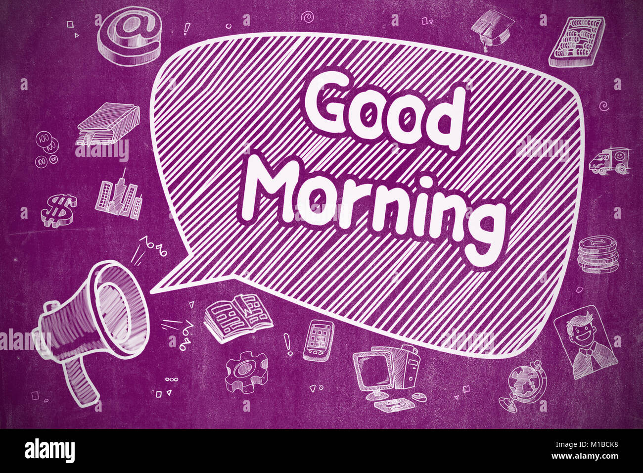 Good Morning - Doodle Illustration on Purple Chalkboard Stock Photo - Alamy