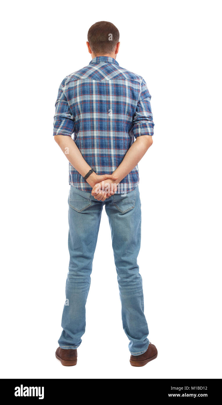 Back view of man in jeans. Standing young guy. Rear view people ...