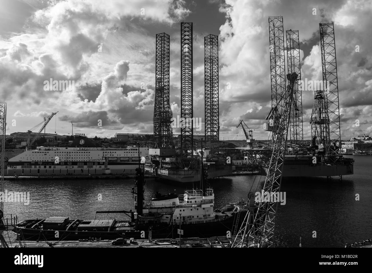 A view in monochrome of the Malta Ship Building and Repairing Yard ...