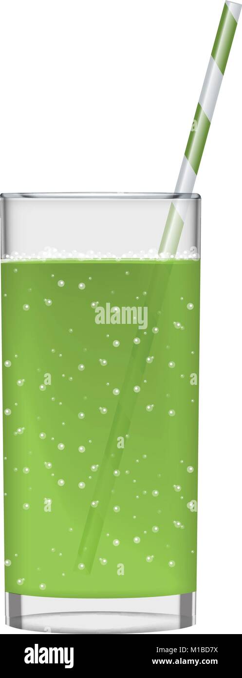 Green juice with smoothie glass and sparkling bubbles. Fruit organic ...