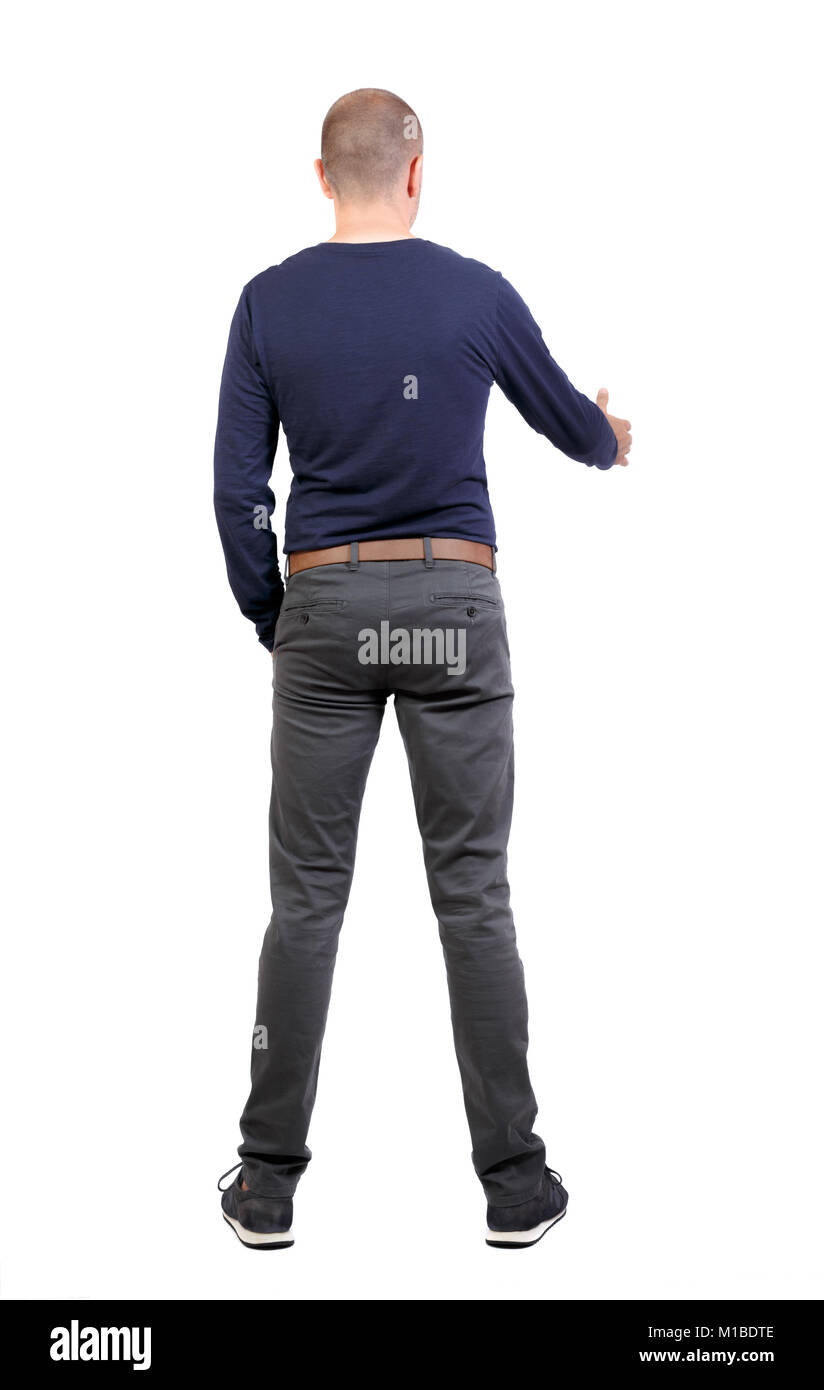 Back side view of man in shirt handshake. Rear view people collection ...