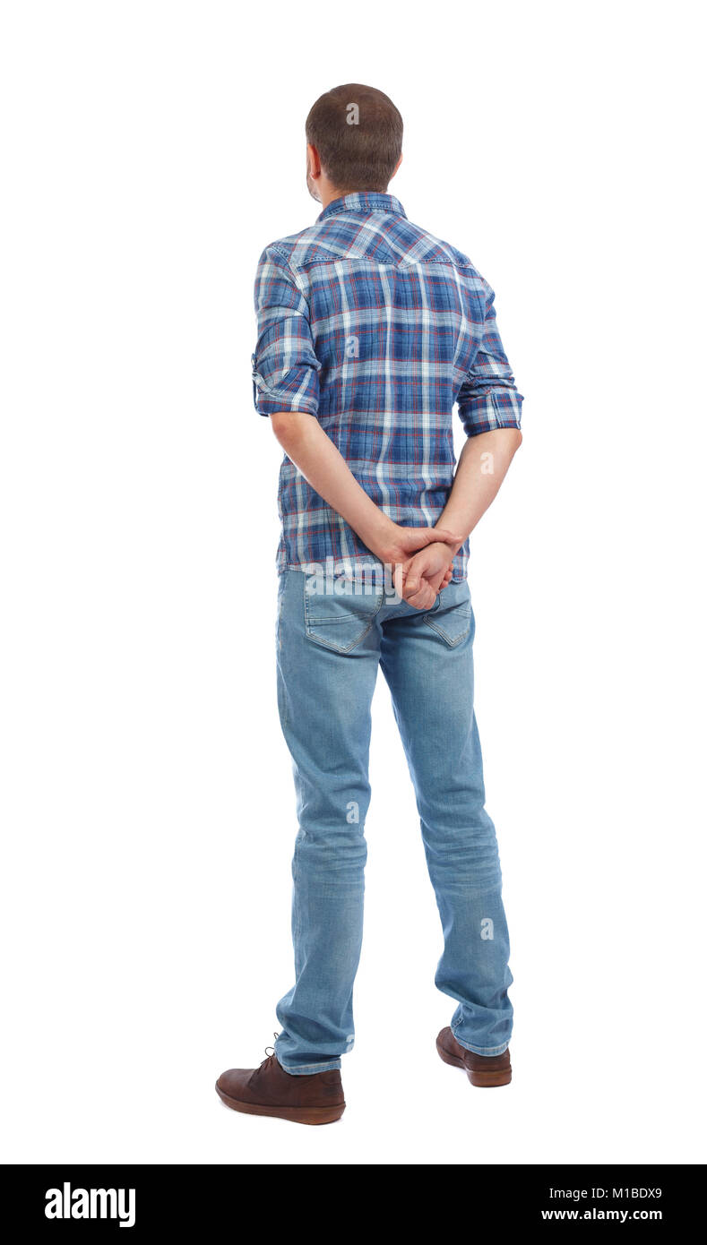 Back view of man in jeans. Standing young guy. Rear view people ...