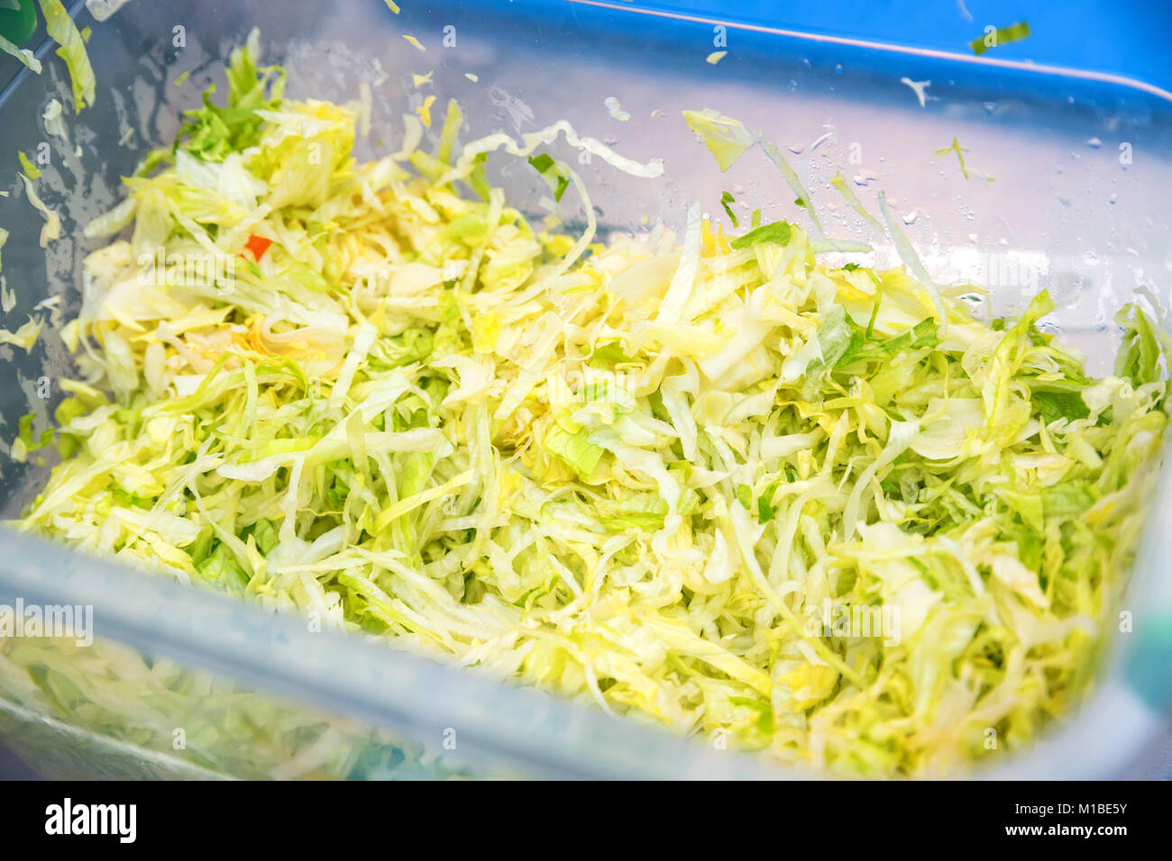 Close up plastic container filled with chopped fresh cabbage, healthy ...