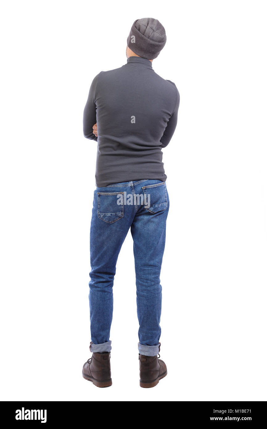 Back view of man in jeans. Standing young guy. Rear view people ...