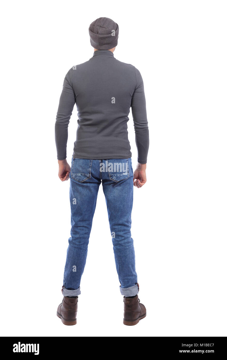 Back view of man in jeans. Standing young guy. Rear view people ...
