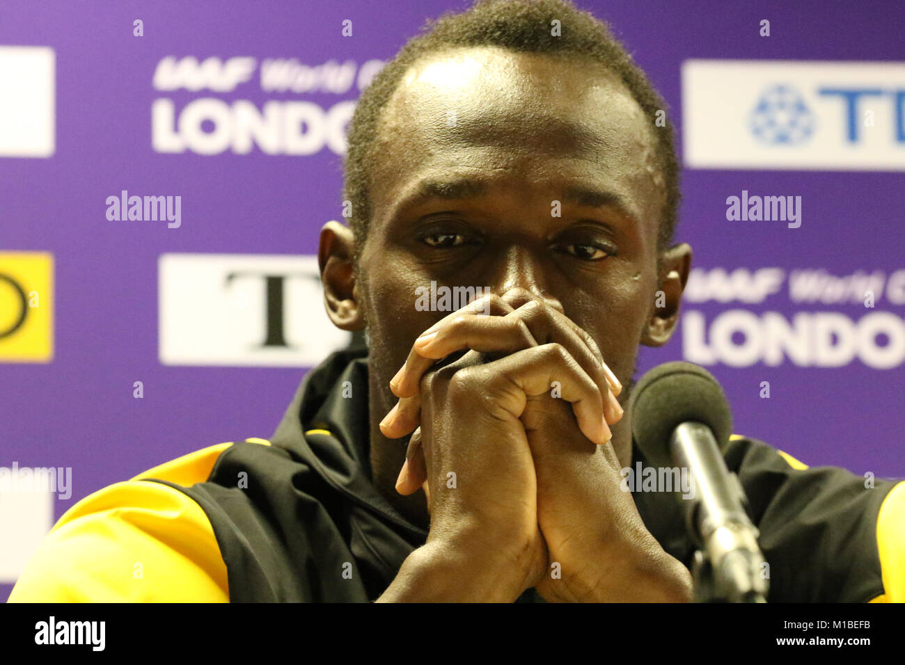 a sad looking Usain Bolt meets the press after finishing second at the ...