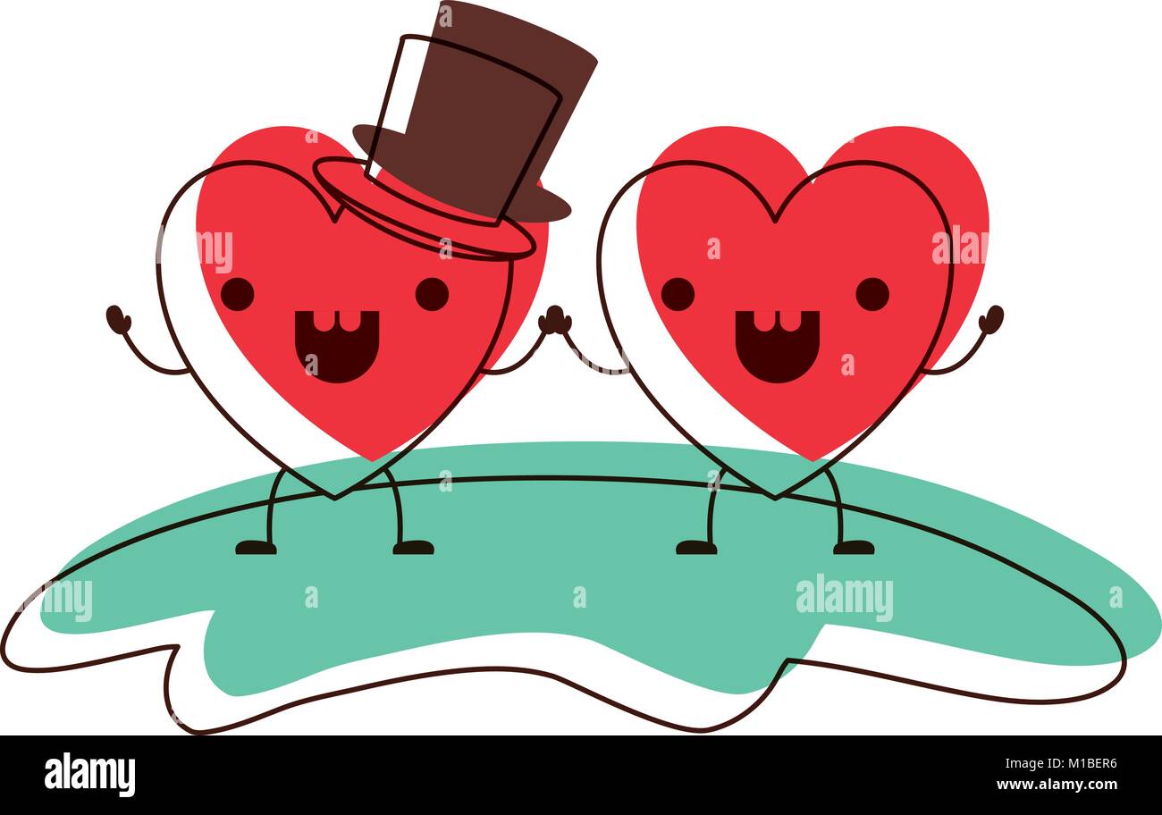 couple heart character kawaii holding hands and him with top hat in ...
