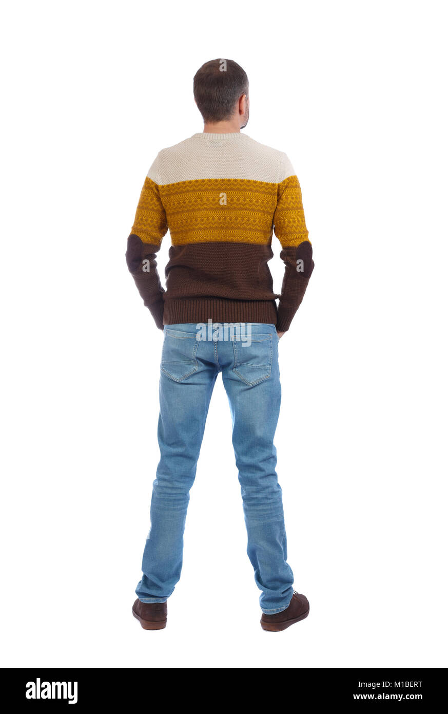 Back view of man in jeans. Standing young guy. Rear view people ...