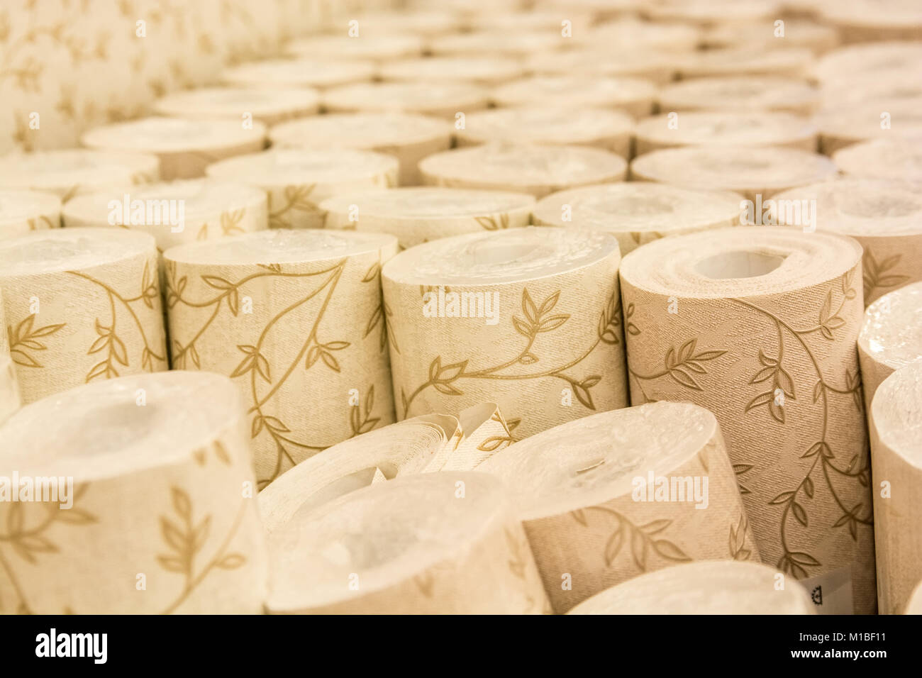 Close up several beige wallpaper rolls in shop Stock Photo - Alamy