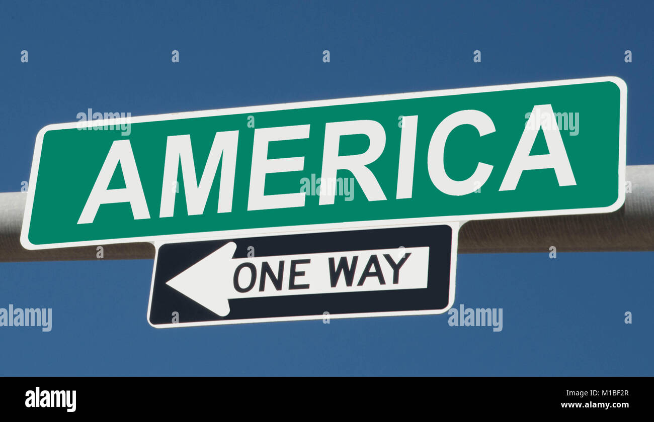 America One Way green highway sign Stock Photo - Alamy