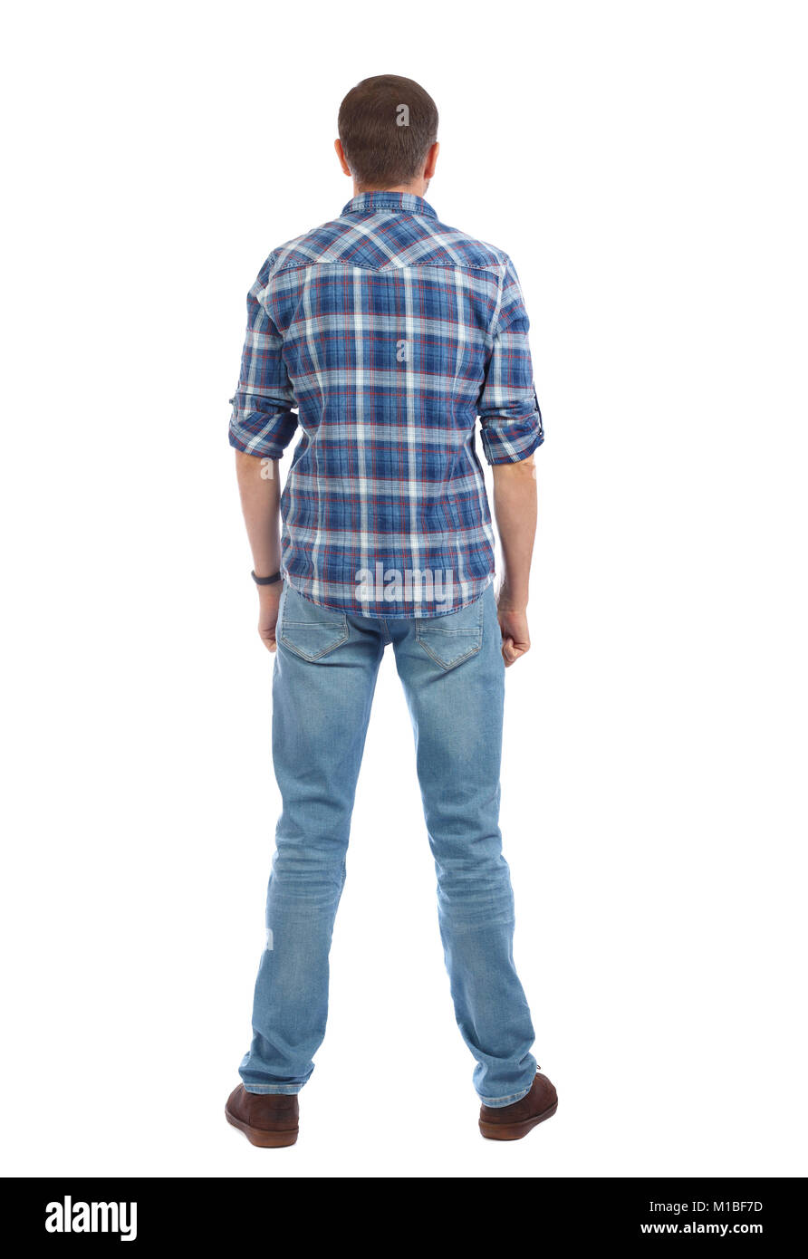 Back view of man in jeans. Standing young guy. Rear view people ...