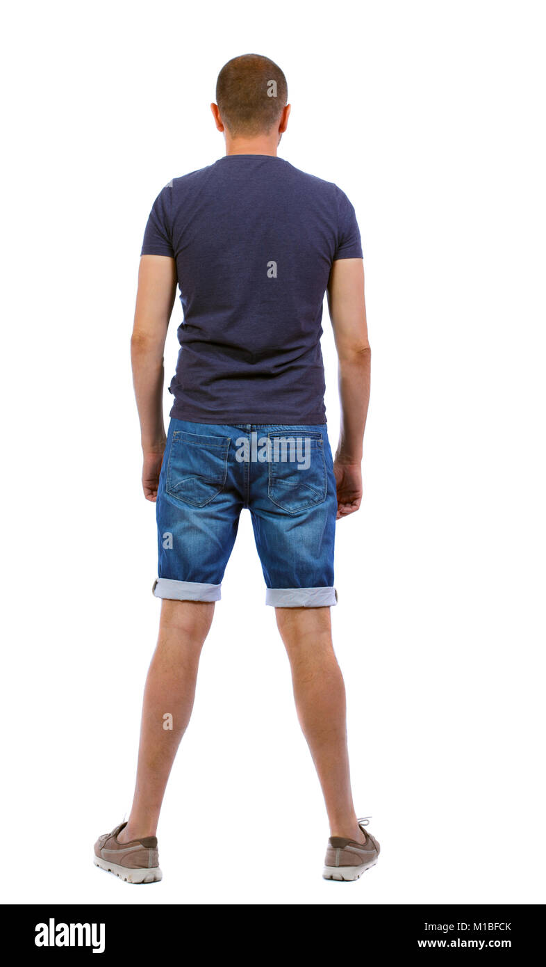 Back view of handsome man in shorts. Rear view people collection ...