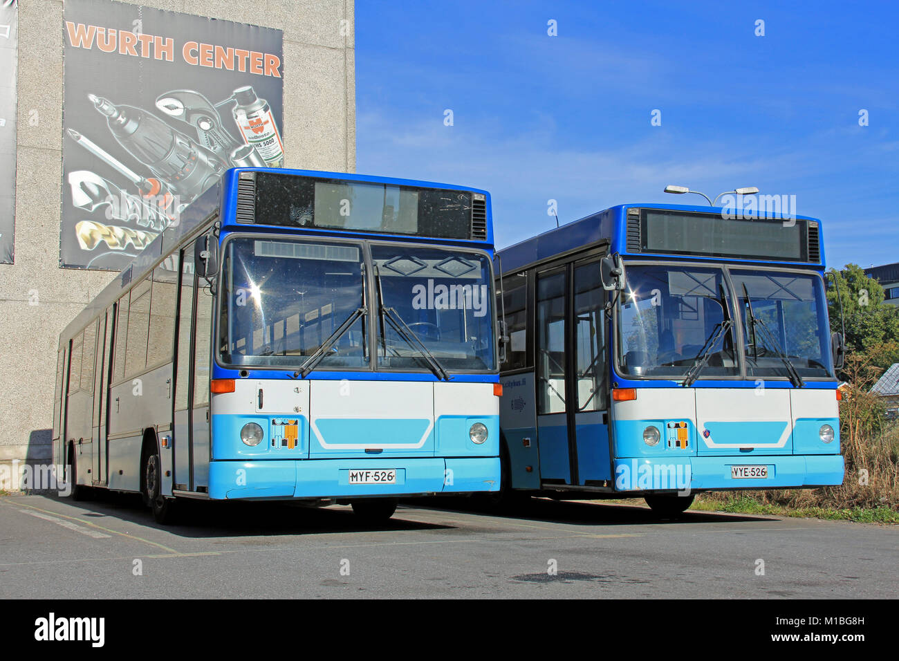 TURKU, FINLAND - SEPTEMBER 7: Two Scania city buses on September 7 ...
