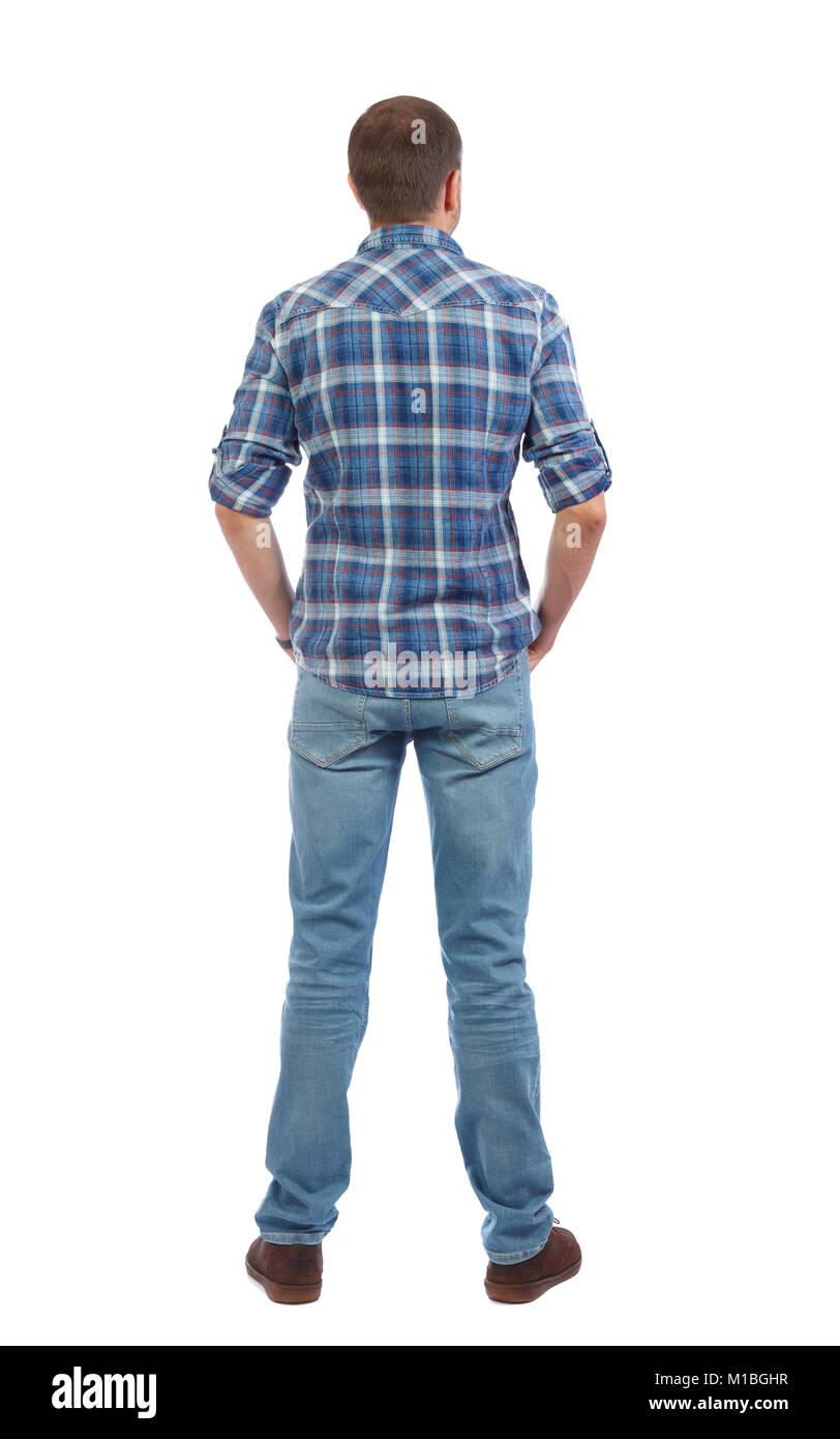 Back view of man in jeans. Standing young guy. Rear view people ...