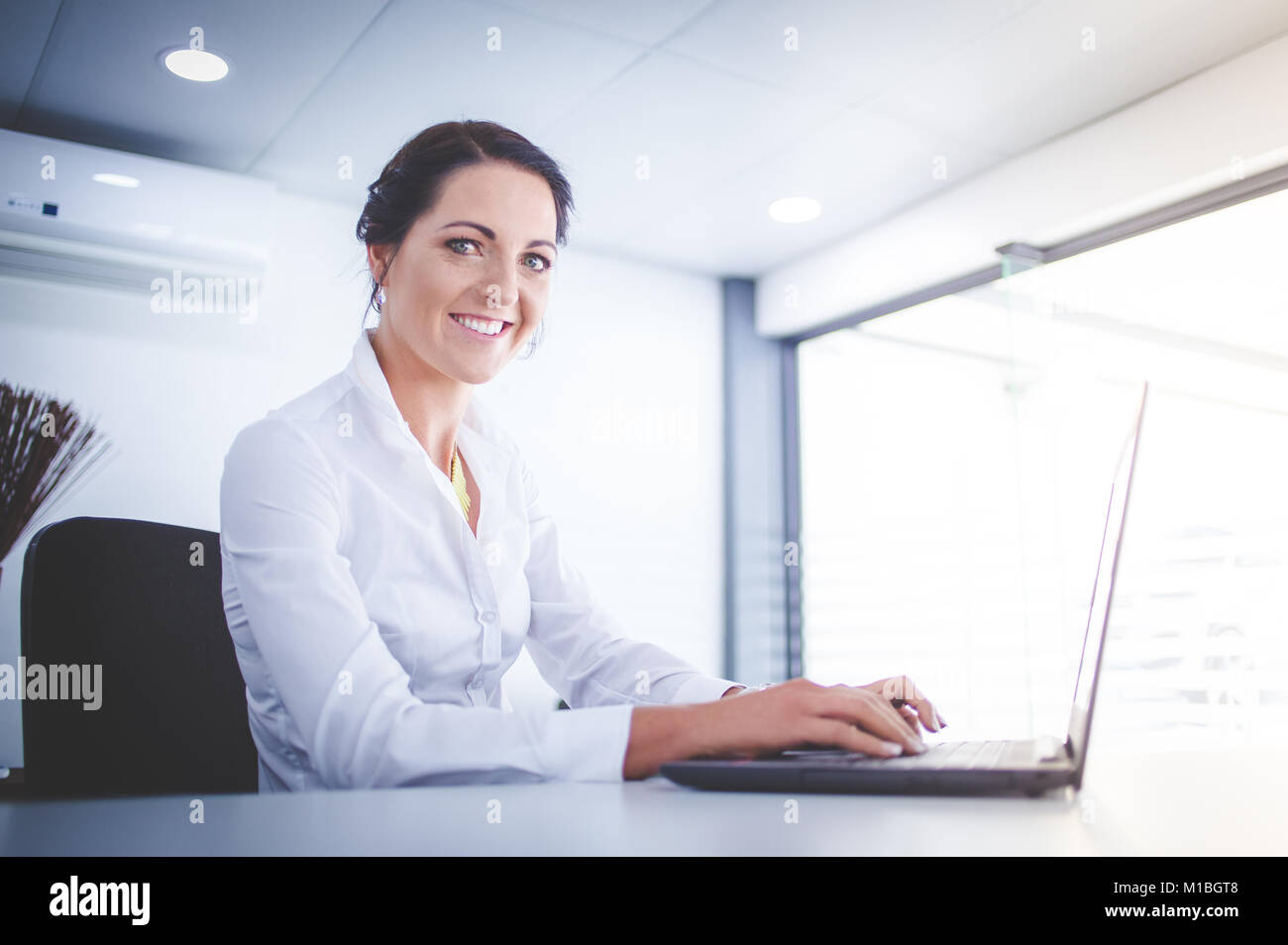 Beautiful brunette female business woman working on her laptop in her ...