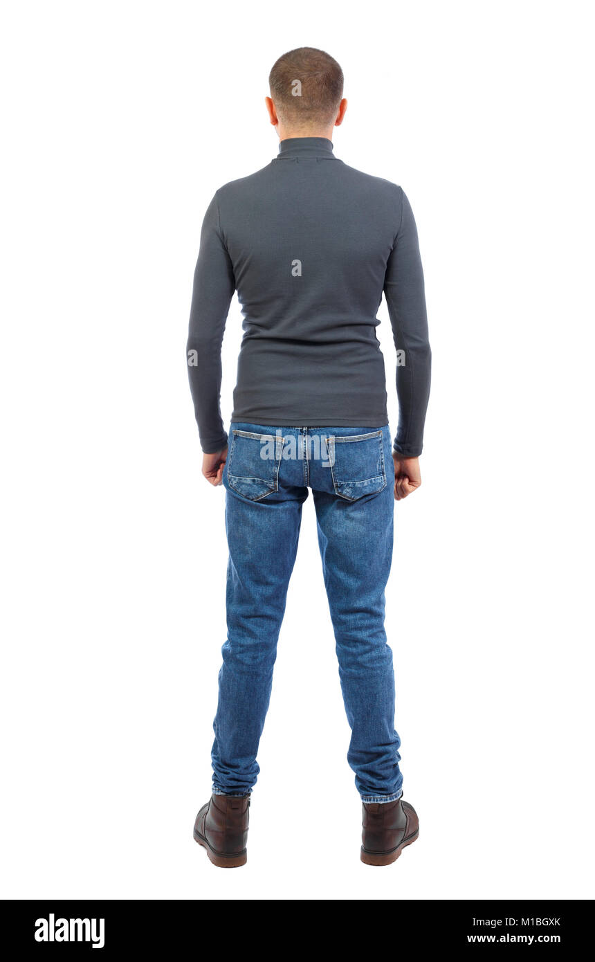 Back view of man in jeans. Standing young guy. Rear view people ...