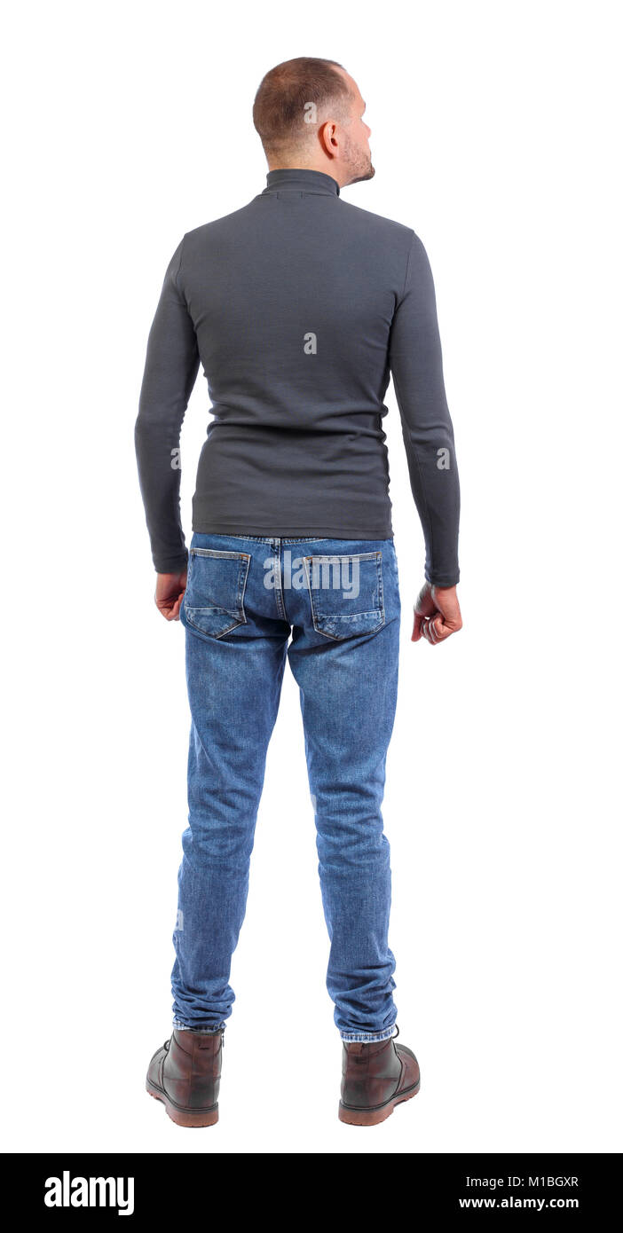 Back view of man in jeans. Standing young guy. Rear view people ...