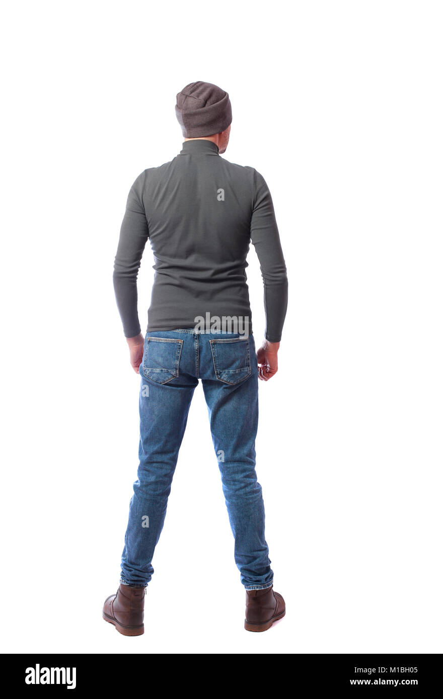 Back view of man in jeans. Standing young guy. Rear view people ...