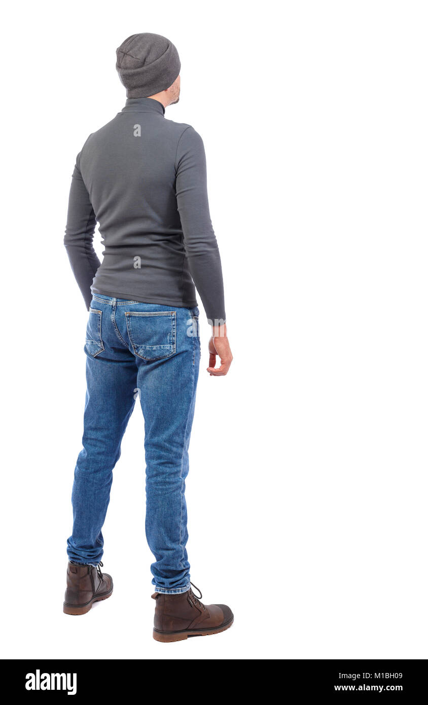 Back view of man in jeans. Standing young guy. Rear view people ...