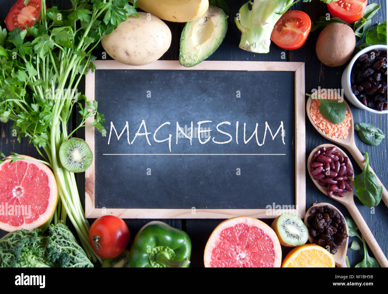 Fresh fruits vegetables and pulses with magnesium nutrition Stock Photo ...