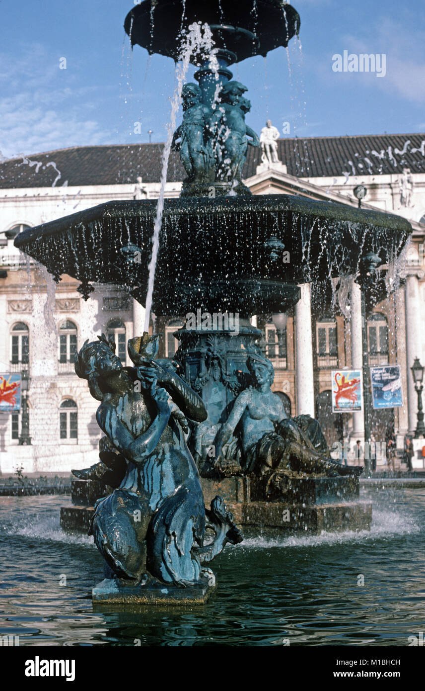 Rossio Square mermaid fountains, Lisbon, Portugal Stock Photo - Alamy
