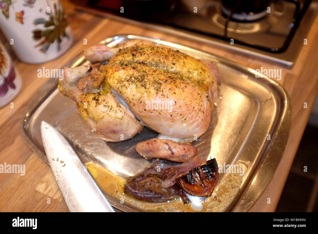 Home cooked roast chicken for Sunday lunch ready for carving Stock ...