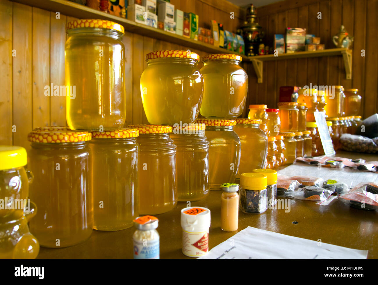 Stand with honey samples Stock Photo - Alamy