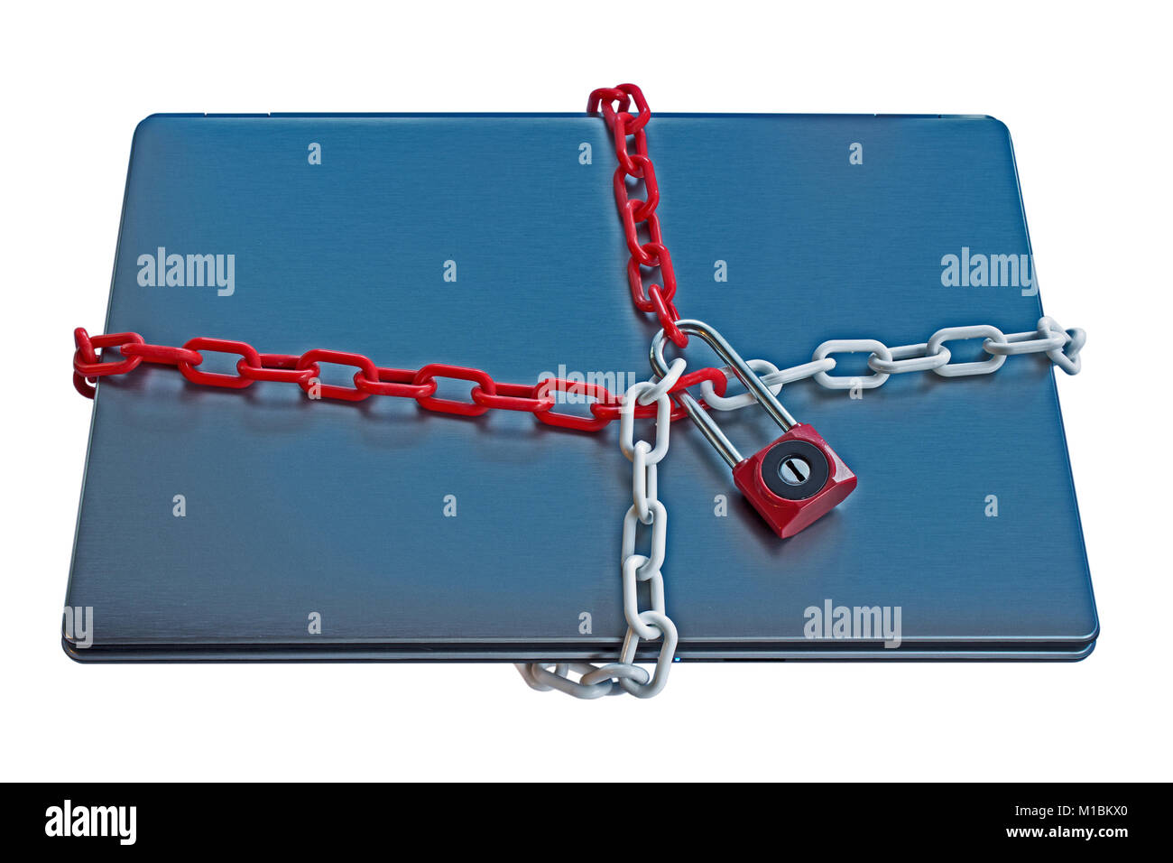 The best secure locking of computer as virus protection. On a white ...