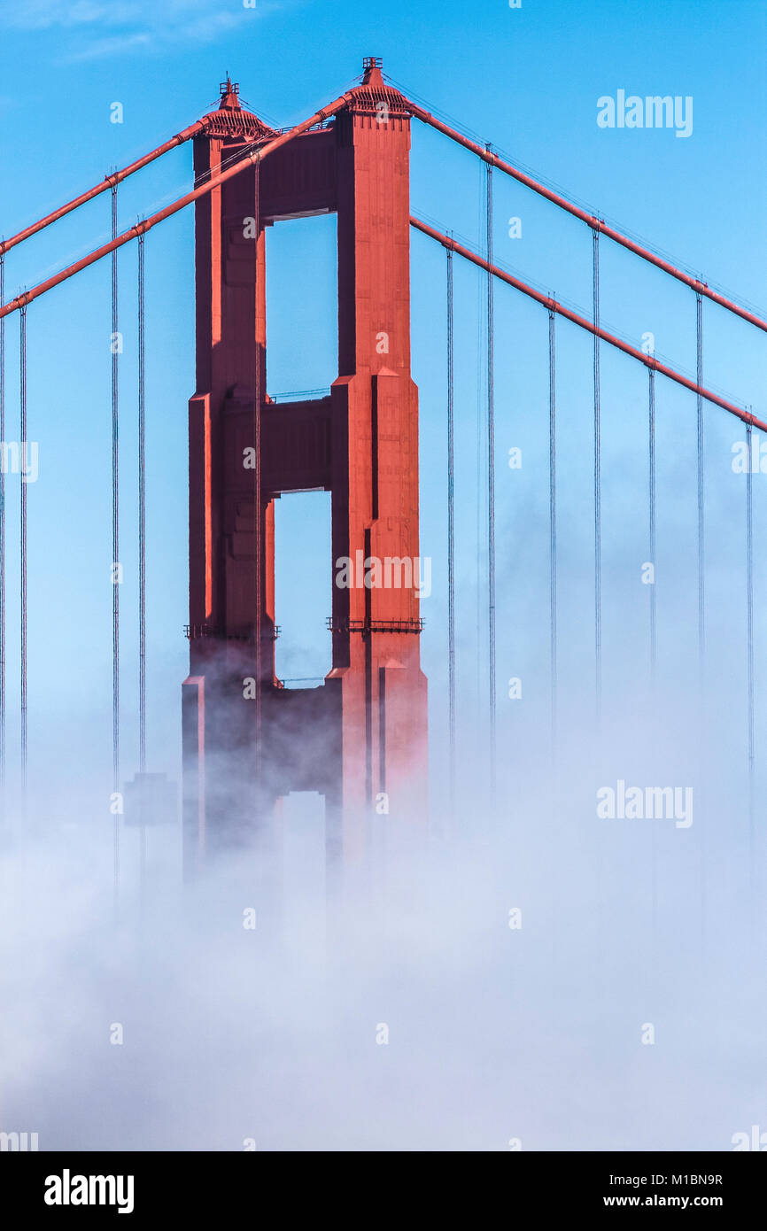 Part of the structure of the Golden Gate Bridge caught in the mist, San ...