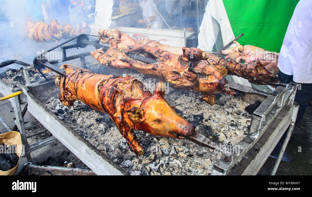 Street baking of young grilled piglets and fire and selling baking on ...