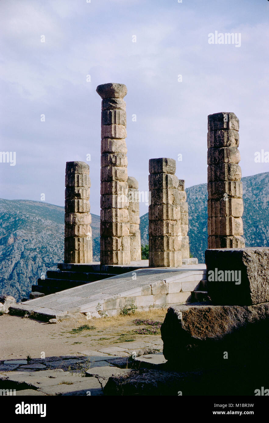 Ruins of the ancient Temple of Apollo, overlooking the valley of Phocis ...