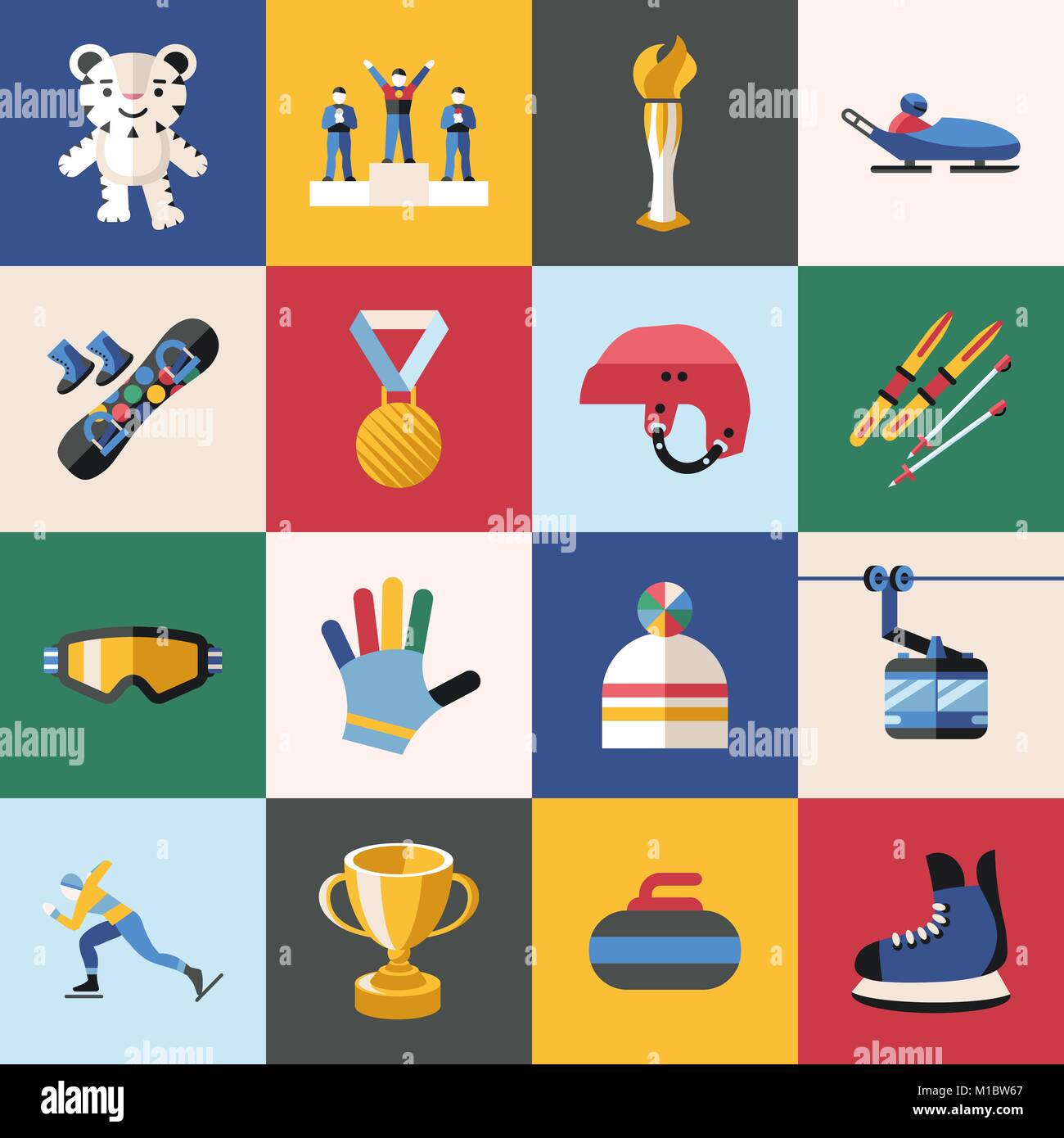 Digital vector winter games objects color simple flat icon set ...