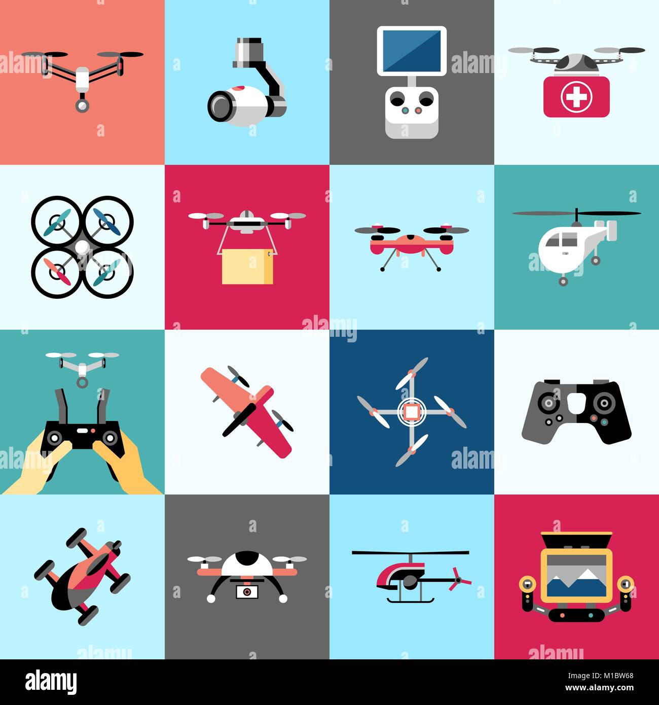 Digital vector flying drone objects color simple flat icon set ...