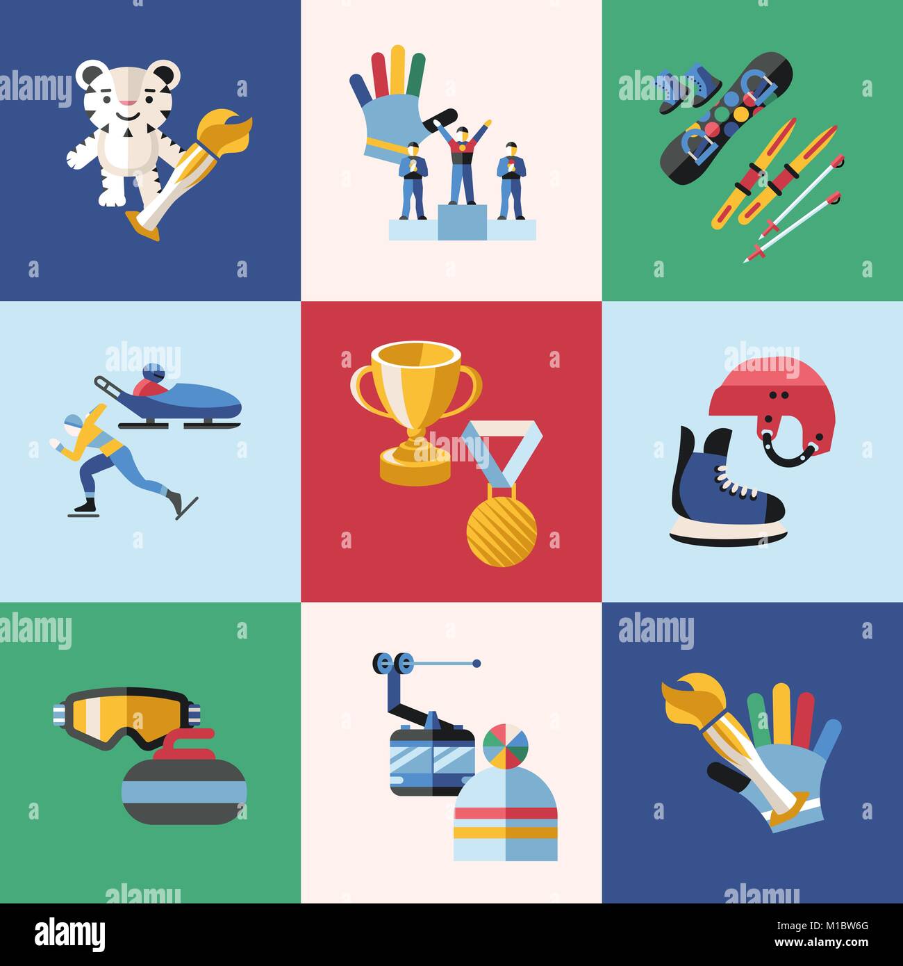 Digital vector winter games objects color simple flat icon set ...