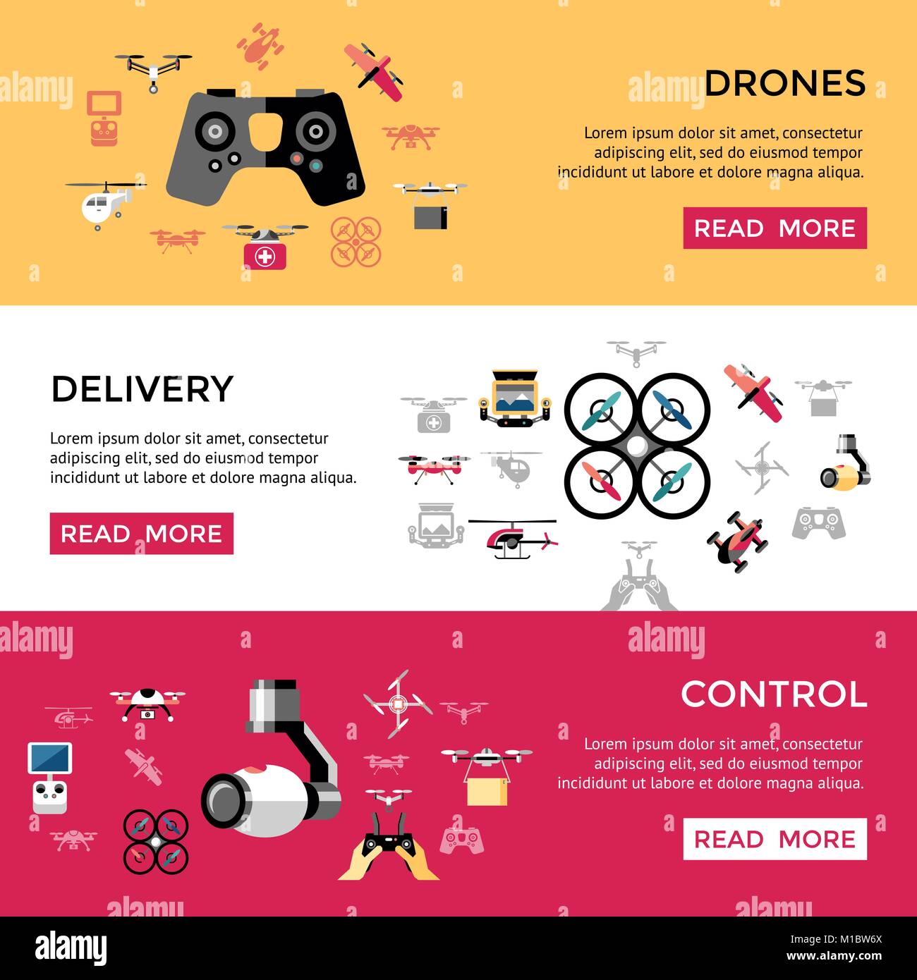 Digital vector flying drone control delivery objects color simple flat ...