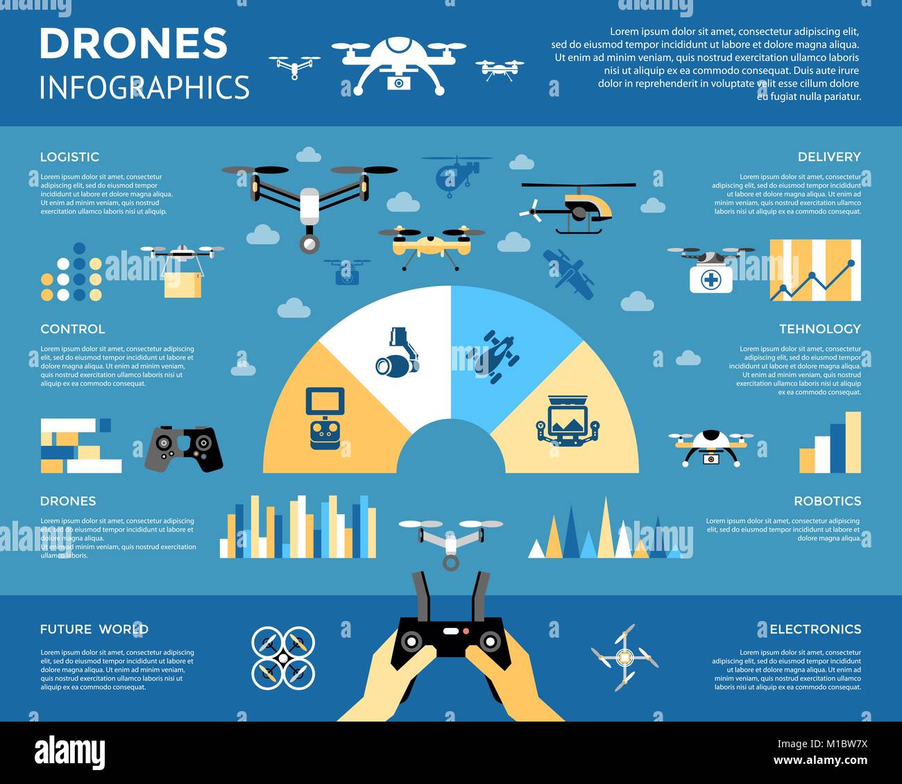 Digital vector flying drone infographics objects color simple flat icon ...